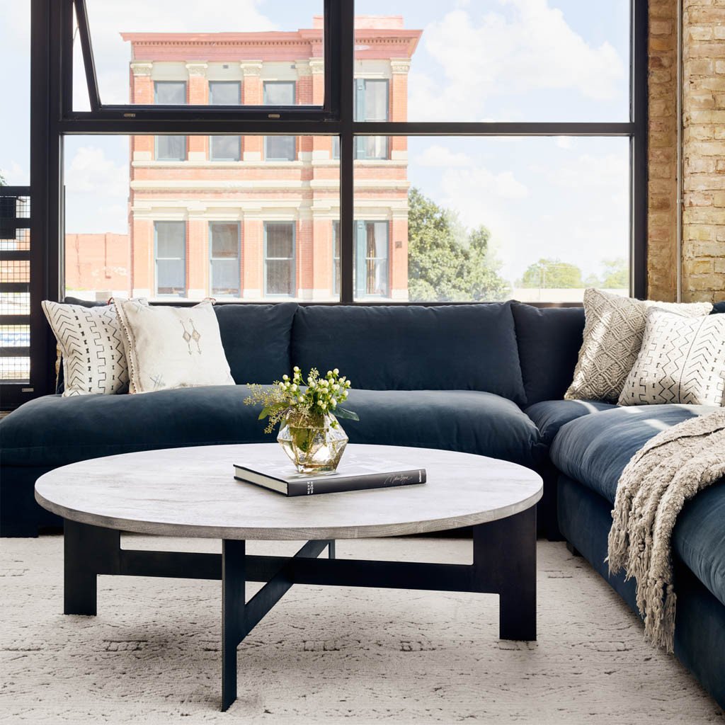 Round coffee table with l shaped couch store